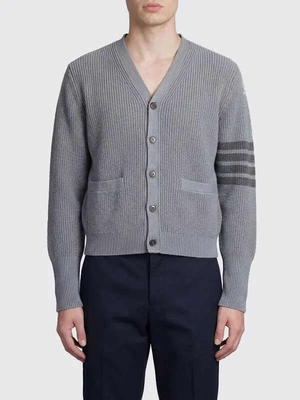Thom Browne Ribbed Cardigan With Four Bar Detail - Grey
