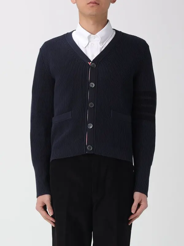Thom Browne Ribbed Cardigan With Four Bar Detail - Navy
