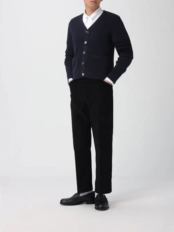 Thom Browne Ribbed Cardigan With Four Bar Detail - Navy