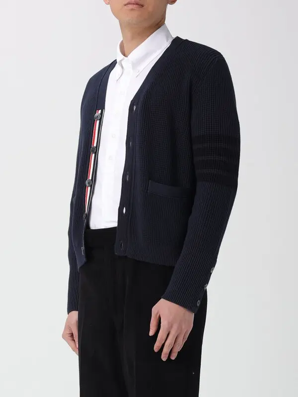 Thom Browne Ribbed Cardigan With Four Bar Detail - Navy