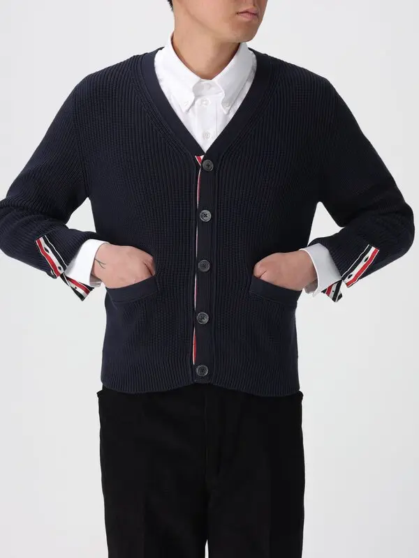 Thom Browne Ribbed Cardigan With Four Bar Detail - Navy