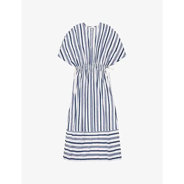 RO&ZO Striped V-neck Linen-cotton Midi Dress