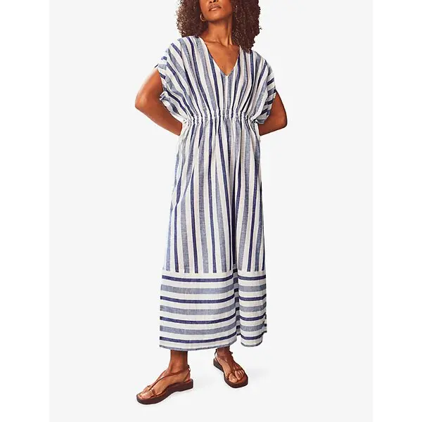 RO&ZO Striped V-neck Linen-cotton Midi Dress