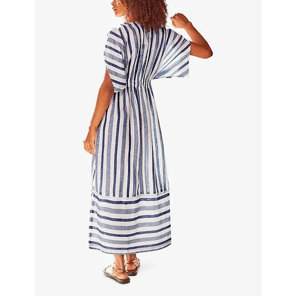 RO&ZO Striped V-neck Linen-cotton Midi Dress