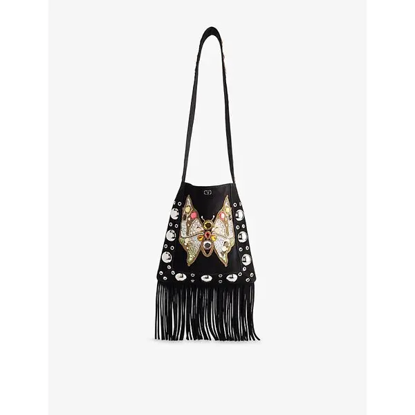 Valentino Garavani Nellcôte Embroidered Fringe Suede Shoulder Bag