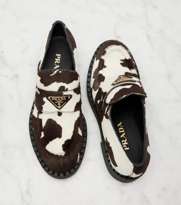 Prada Chocolate Cow-print Calf Hair Loafers - Brown