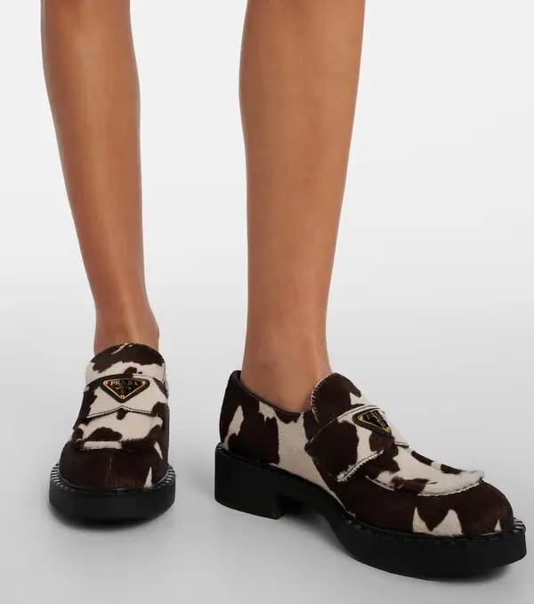 Prada Chocolate Cow-print Calf Hair Loafers - Brown