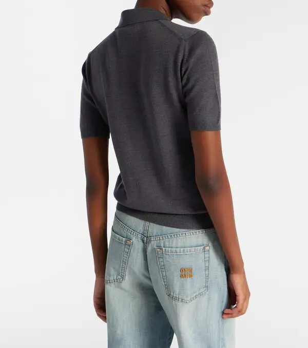 Miu Miu Logo Wool Polo Sweater - Grey