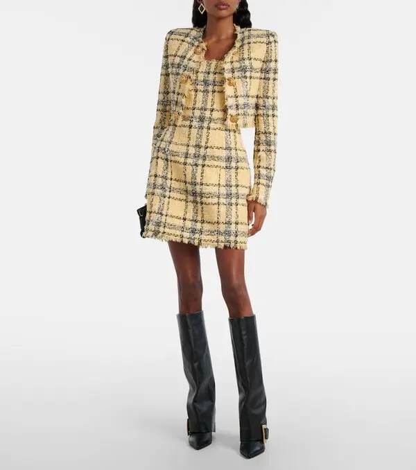 Balmain Checked Sequined Tweed Minidress - Yellow