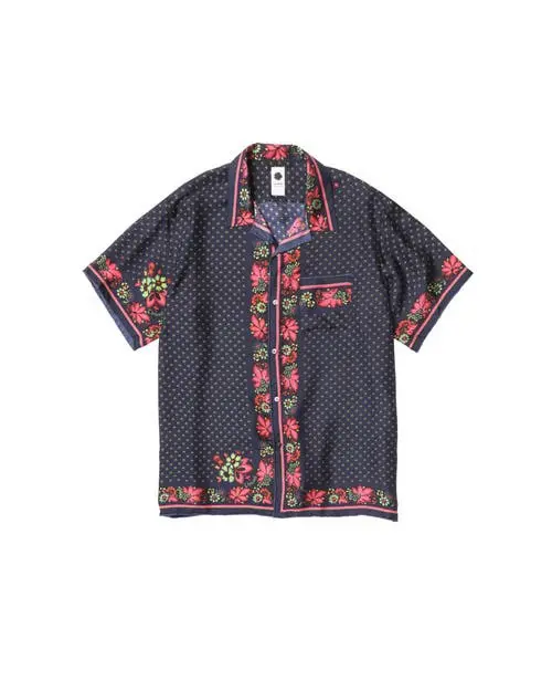 VOWELS Short Sleeve Silk Scarf Shirt - Dark Navy