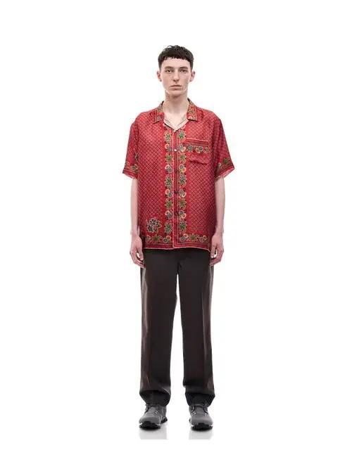 VOWELS Short Sleeve Silk Scarf Shirt - Red