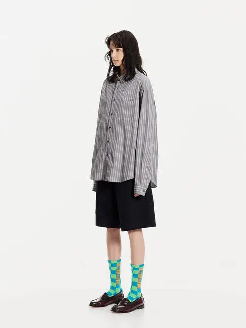VOWELS Striped Button Down Shirt - Black