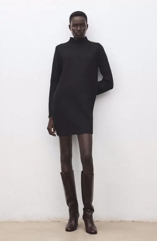 Mango Button Detail Long Sleeve Sweater Dress - Black