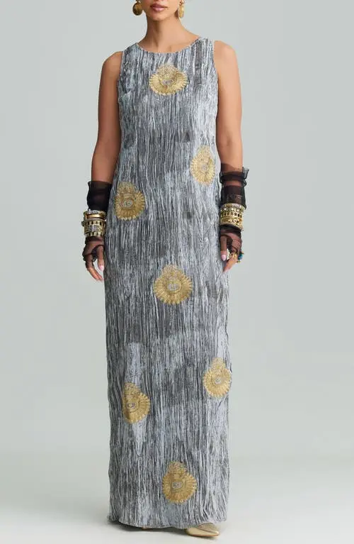 HOLICHIC Syra Metallic Embroidery Crushed Velvet Maxi Dress - Gray