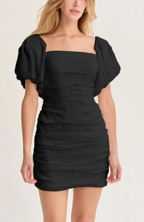 CRESCENT Puff Sleeves Ruched Mini Dress - Black
