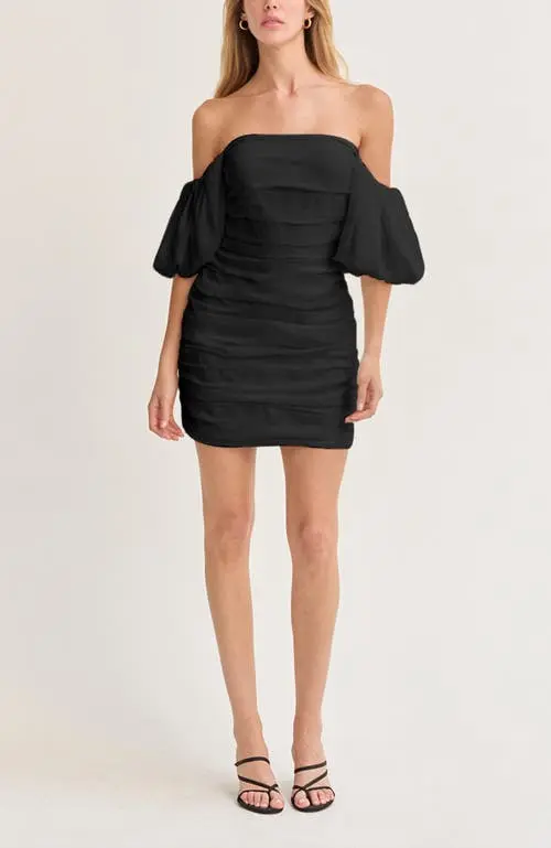 CRESCENT Puff Sleeves Ruched Mini Dress - Black