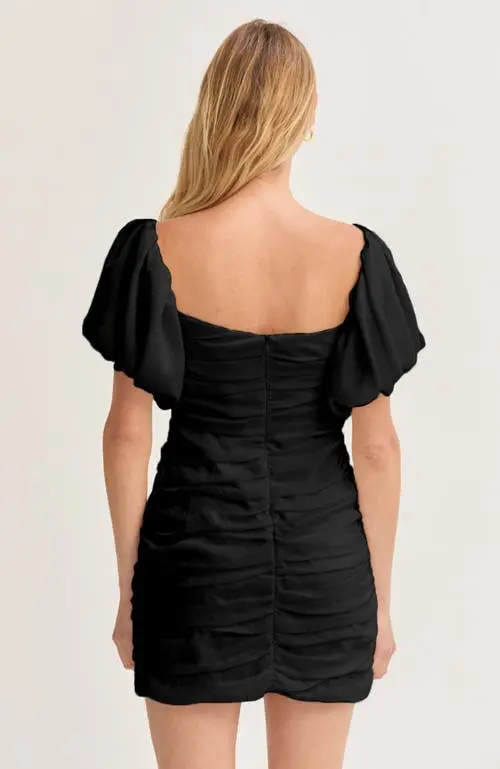 CRESCENT Puff Sleeves Ruched Mini Dress - Black