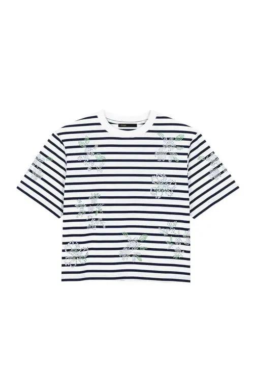 Maje Striped Rhinestone Flower T-shirt