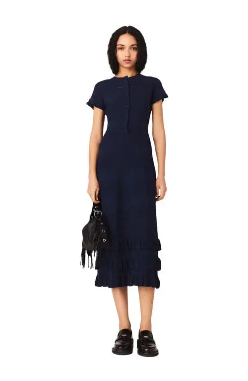 Maje Knit Midi Dress With Ruffles