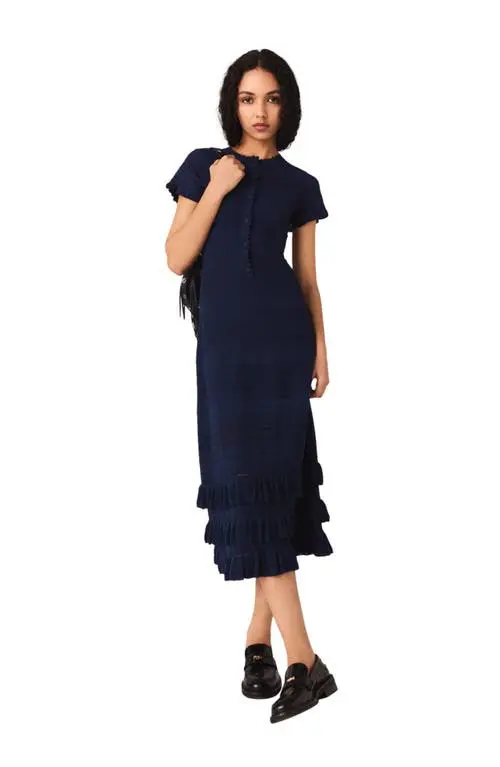 Maje Knit Midi Dress With Ruffles