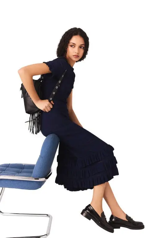 Maje Knit Midi Dress With Ruffles