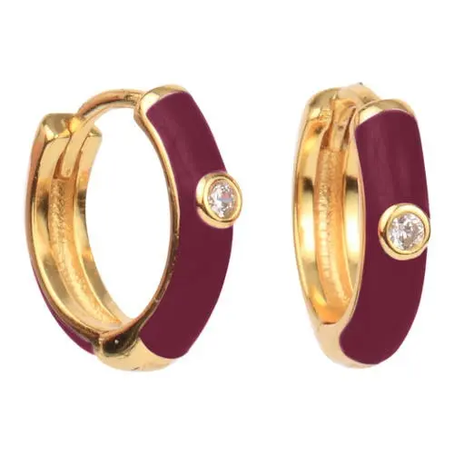 COLOR SHOUT Mini Enamel Huggie Hoops With Zircon Stones - Maroon