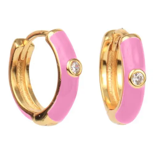 COLOR SHOUT Mini Enamel Huggie Hoops With Zircon Stones - Pink
