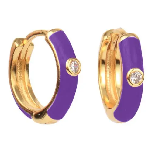 COLOR SHOUT Mini Enamel Huggie Hoops With Zircon Stones - Purple