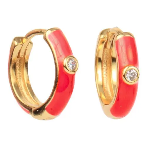 COLOR SHOUT Mini Enamel Huggie Hoops With Zircon Stones - Red