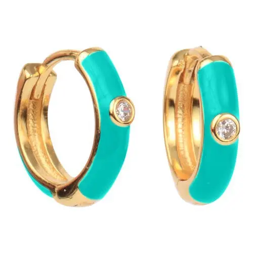 COLOR SHOUT Mini Enamel Huggie Hoops With Zircon Stones - Turquoise