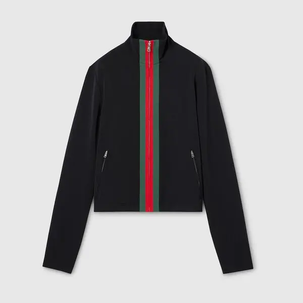 Gucci Stretch Nylon Zip Jacket With Web Intarsia - Black