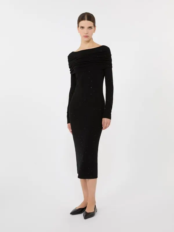 Max Mara Wool Yarn Embellished Midi Dress - Black