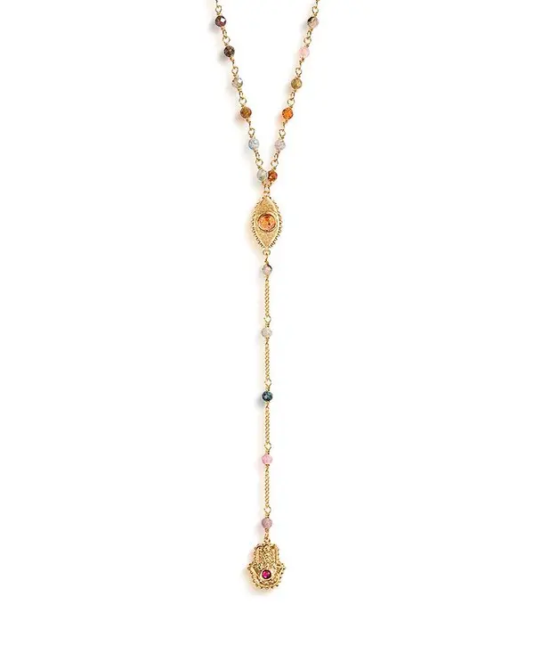KARMA AND LUCK Benevolent Spirit Tourmaline Evil Eye Hamsa Lariat Necklace - Gold/multicolor