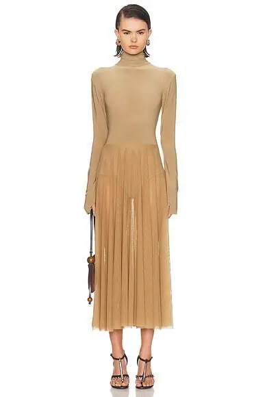 Norma Kamali Long Sleeve Turtleneck Flared Midi Dress