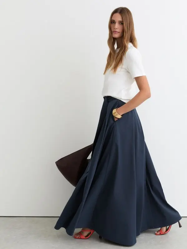 REISS Simone Cotton-blend Pleated Maxi Skirt - Navy