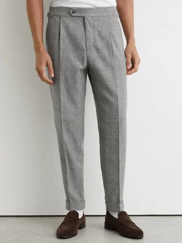 REISS Wool-blend Check Tapered Trousers