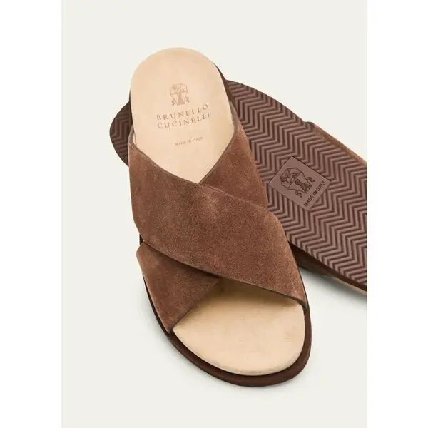 Brunello Cucinelli Cross-strap Suede Slides - Tan