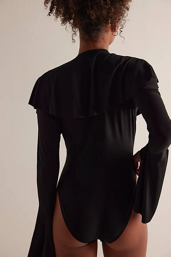 Norma Kamali Long-sleeve Deep-v Ruffle Bodysuit - Black