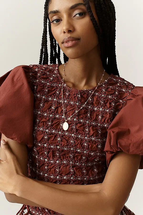 Damson Madder Audrey Puff-Sleeve Organic Cotton Midi Dress - Burgundy |  Editorialist