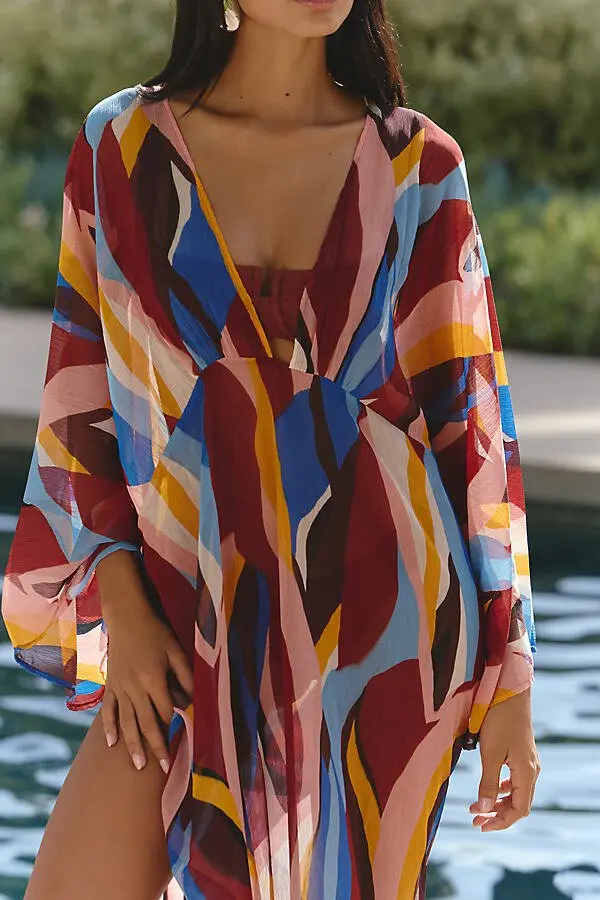 Anthropologie Patterned Sheer Kaftan - Burgundy Print