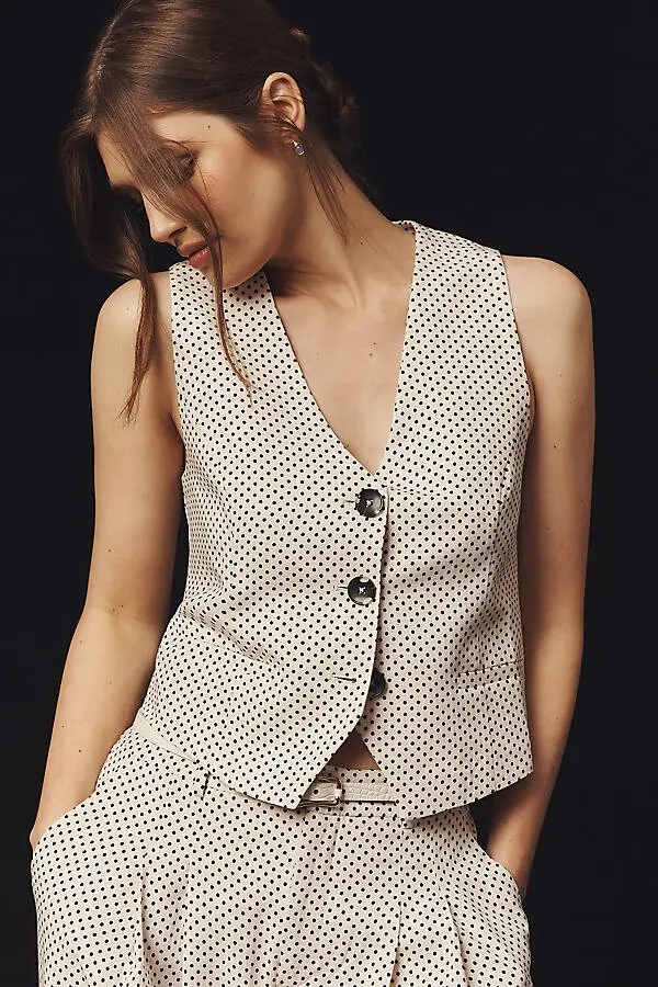 Maeve Polka Dot Tailored Vest Jacket - Black & White Pattern