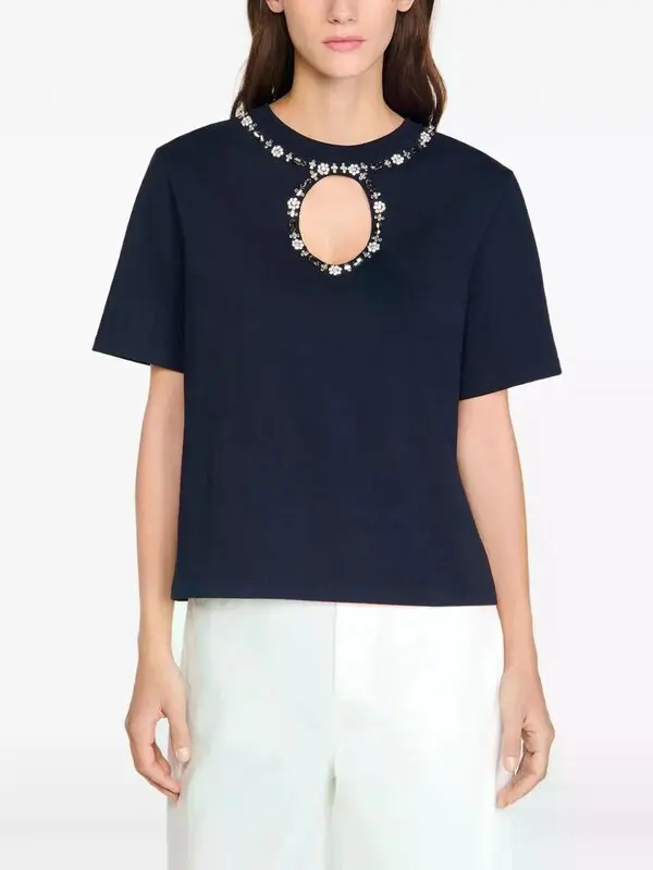 Sandro Rhinestone Openwork T-shirt - Blue