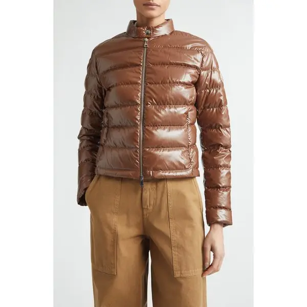 Moncler Papillon Crop Lacquered Nylon Puffer Jacket - Brown