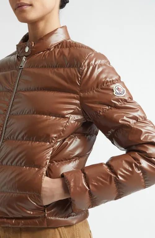 Moncler Papillon Crop Lacquered Nylon Puffer Jacket - Brown