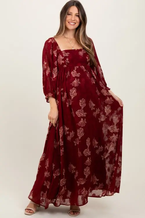 PINKBLUSH Multi Floral Textured Peasant Babydoll Maxi Dress - Burgundy