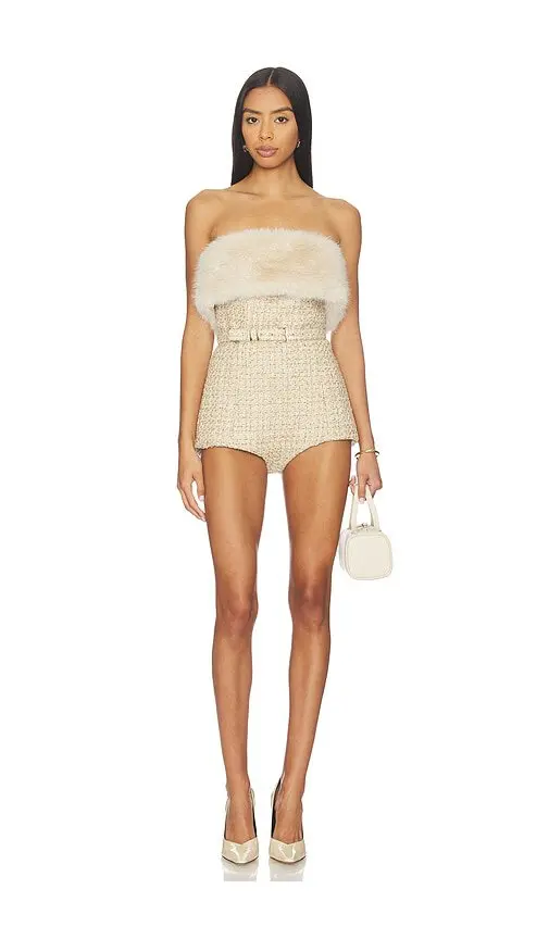 Retrofete Concetta Tweed Romper With Fur Trim - Neutral