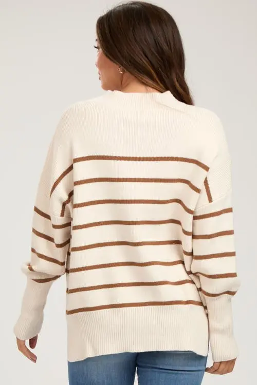 PINKBLUSH Striped Drop Shoulder Maternity Sweater - Beige