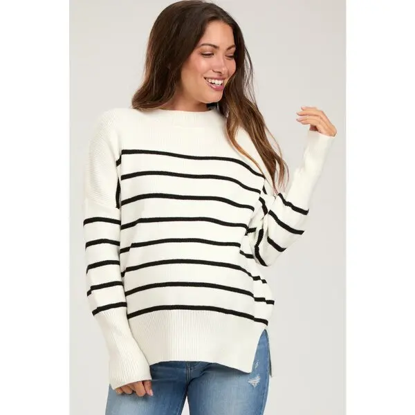 PINKBLUSH Striped Drop Shoulder Maternity Sweater - Ivory