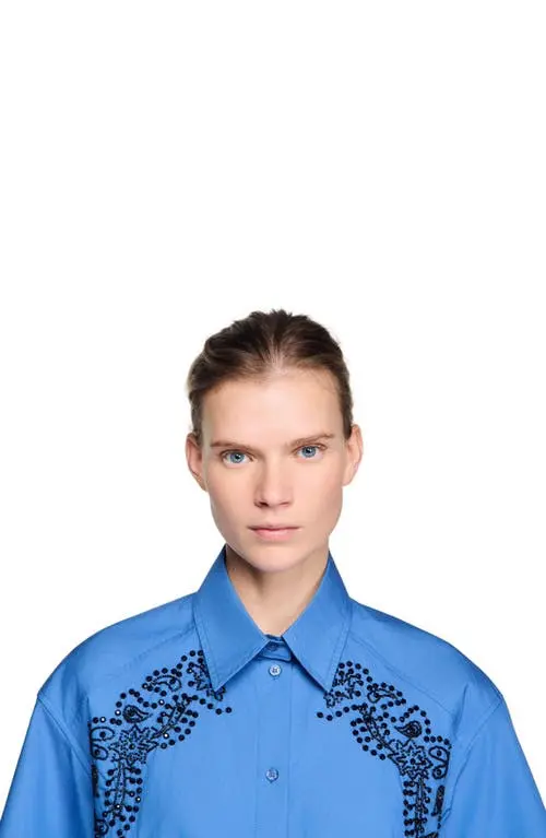 Sandro Embroidered And Beaded Cotton Shirt