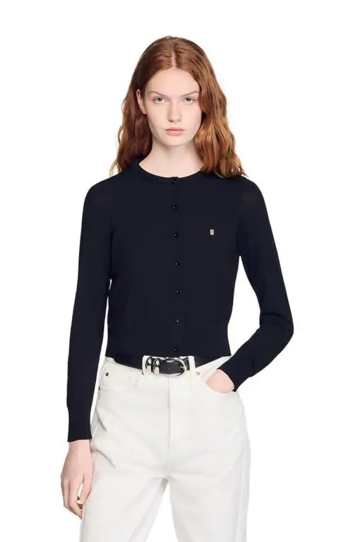 Sandro Cropped Padded Round Neck Cardigan - Black